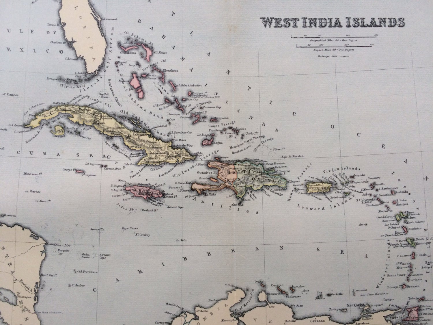 1892 WEST INDIES Original Antique Map, 10.5 x 12.5 inches, historical ...