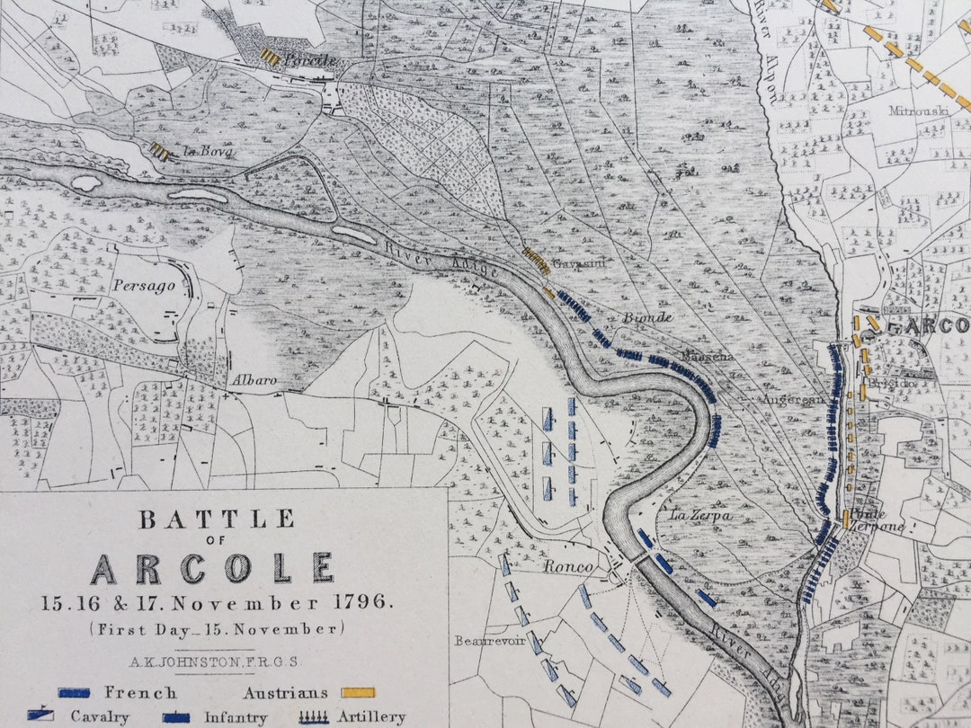 1875 Battle of Arcole, November 1796, First Day, Original Antique Map ...