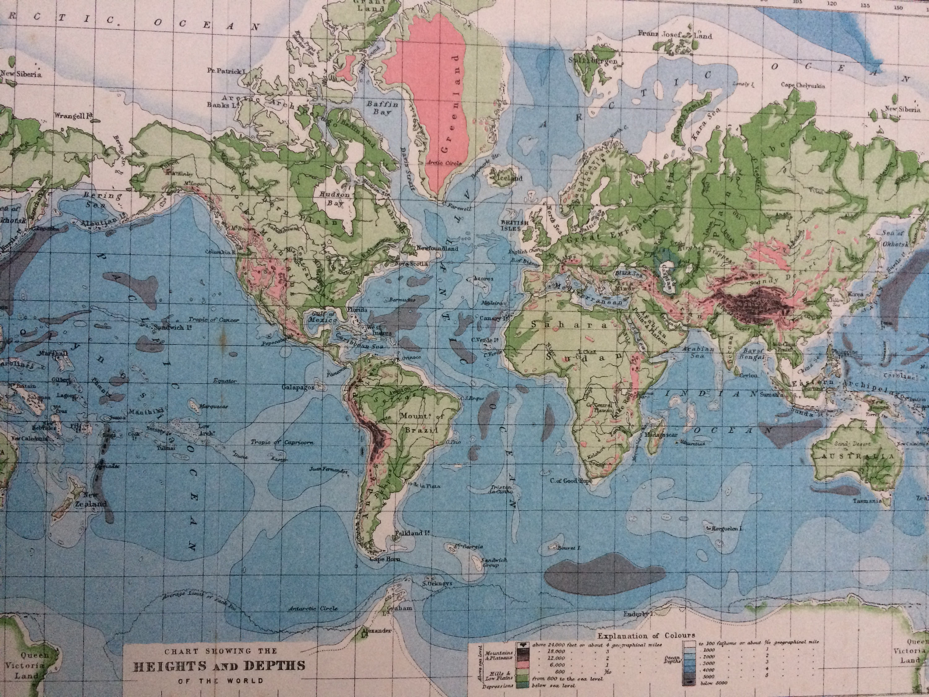 1910 Original Antique World Map showing heights and depths of the world ...