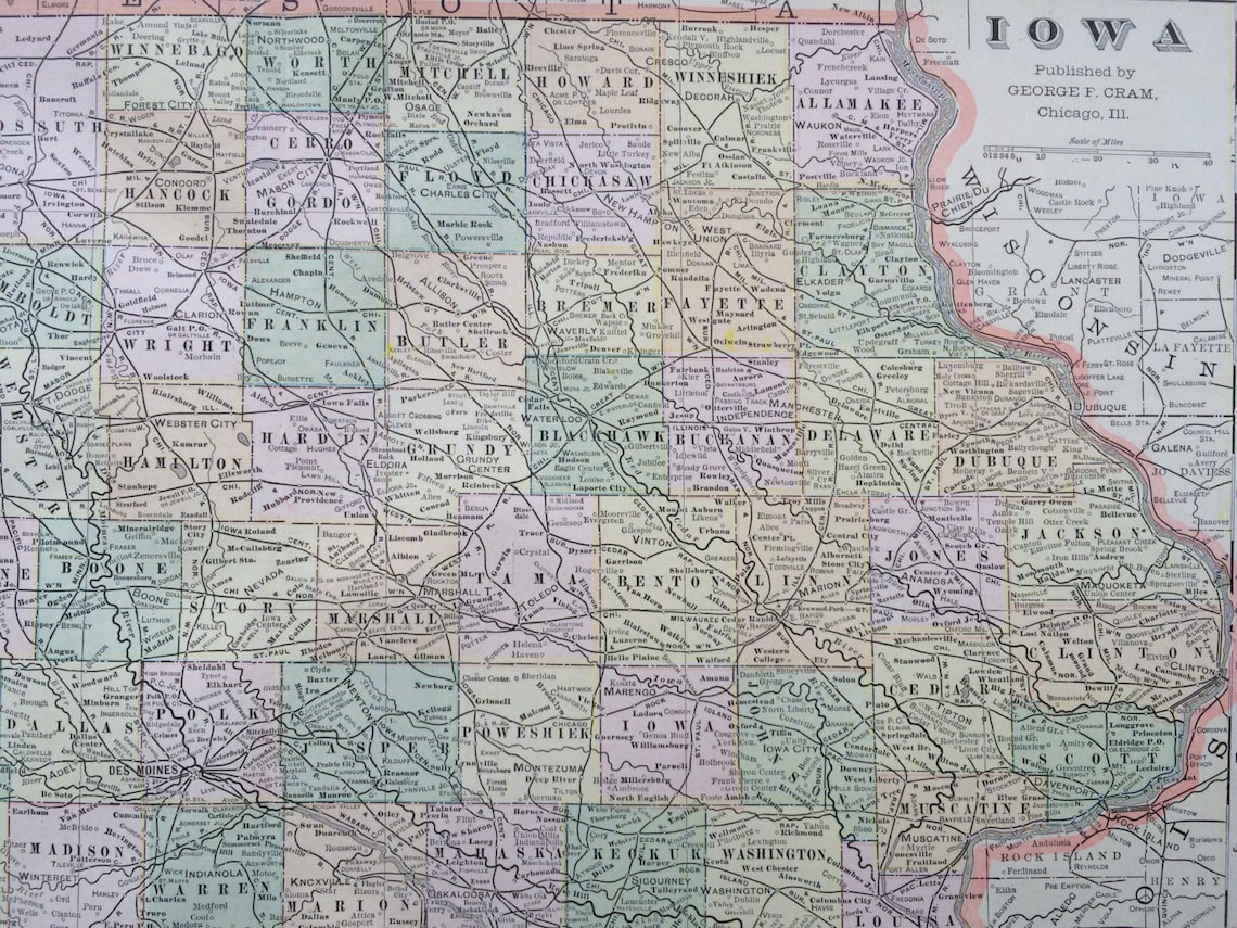 1901 IOWA Large Original Antique Map 22.5 x 14.5 inches Home | Etsy