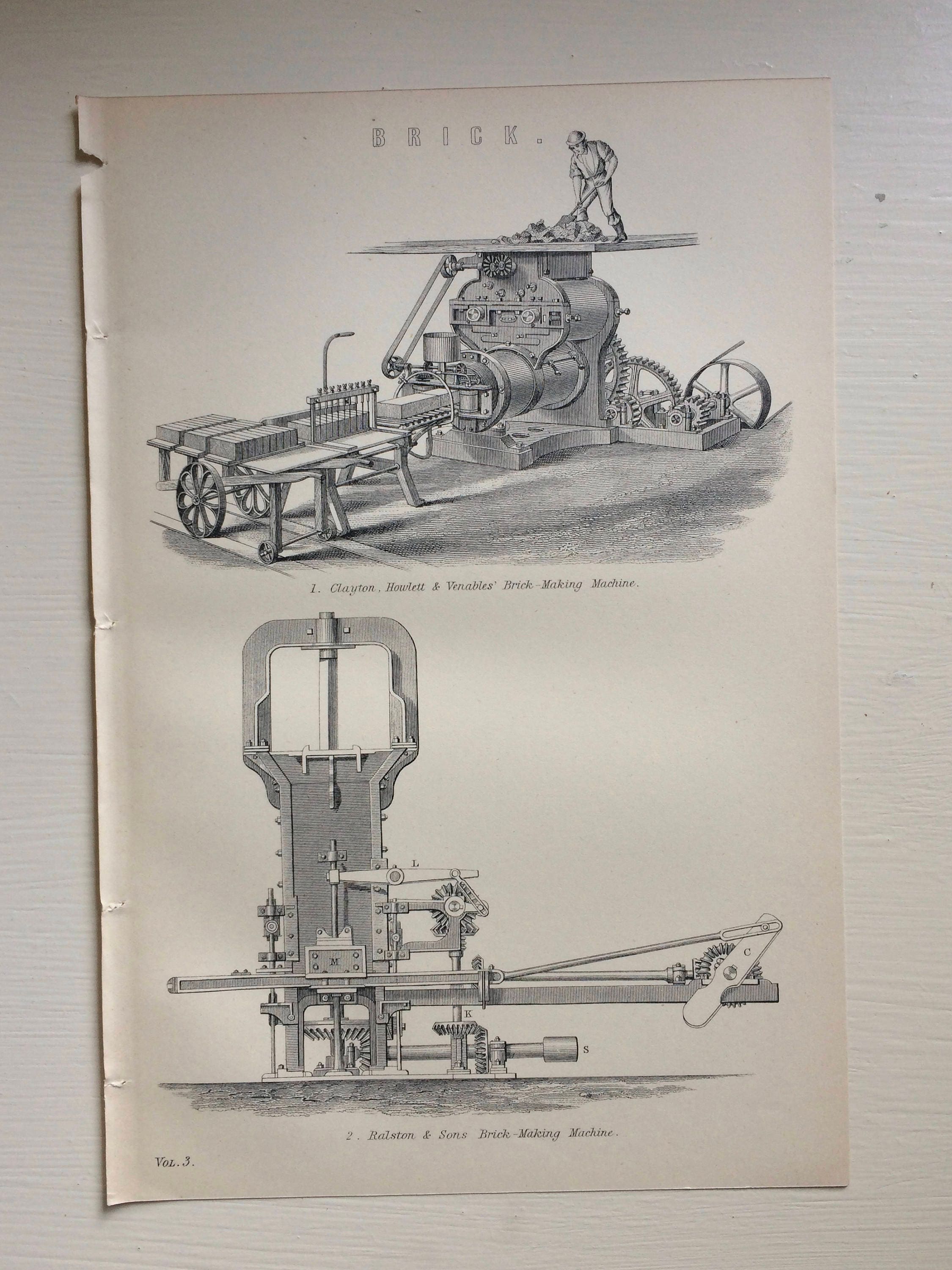 1891 Brick-Making Machines Original Antique Encyclopaedia Illustration ...