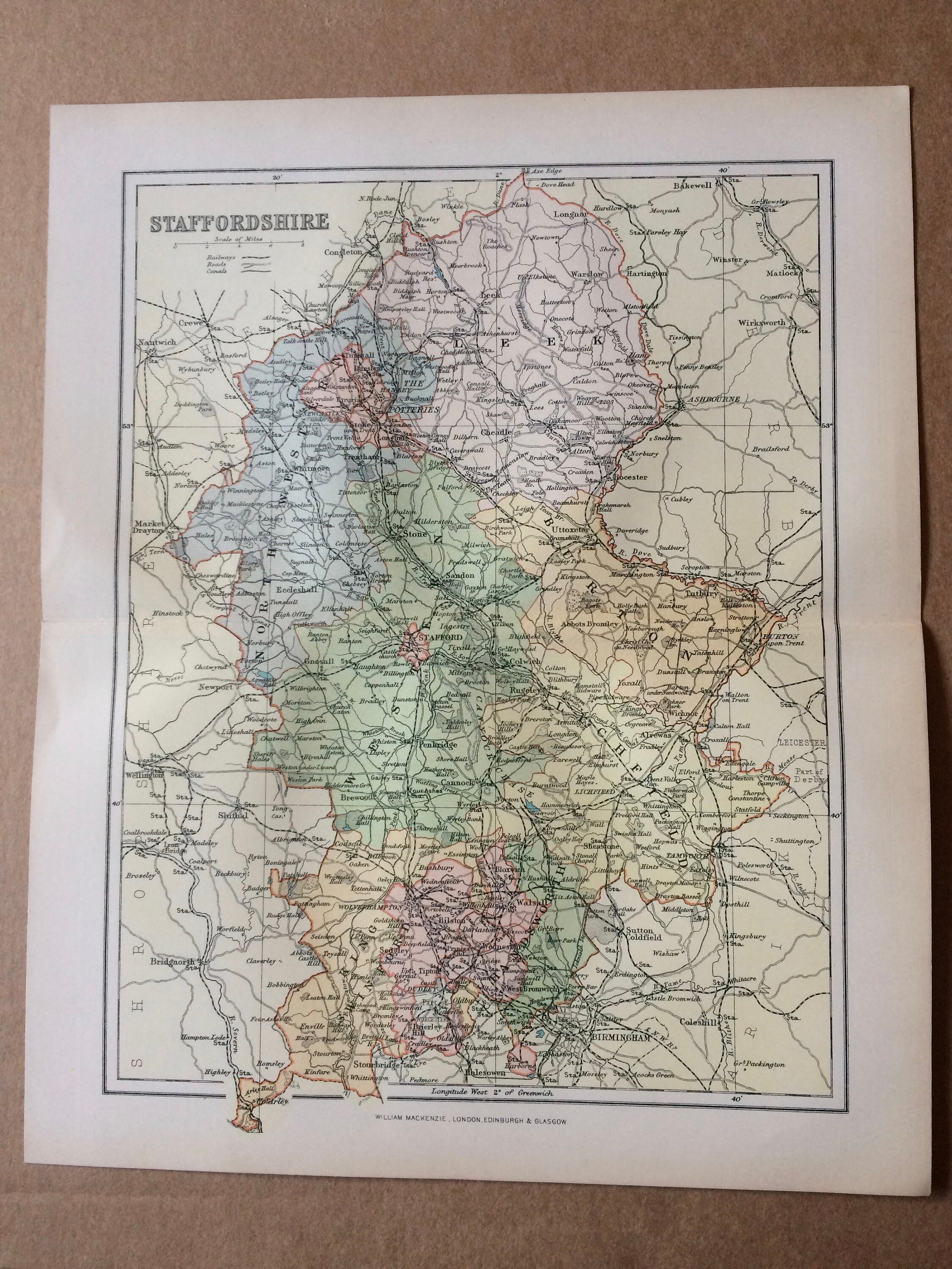 1895 STAFFORDSHIRE original antique map, english county, cartography ...