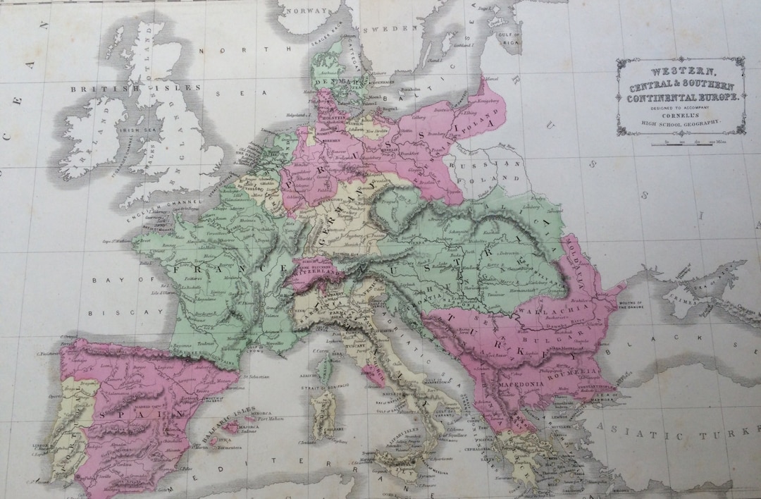 1869 EUROPE Rare Original Antique Map, 22 X 13.5 Inches, Historical ...