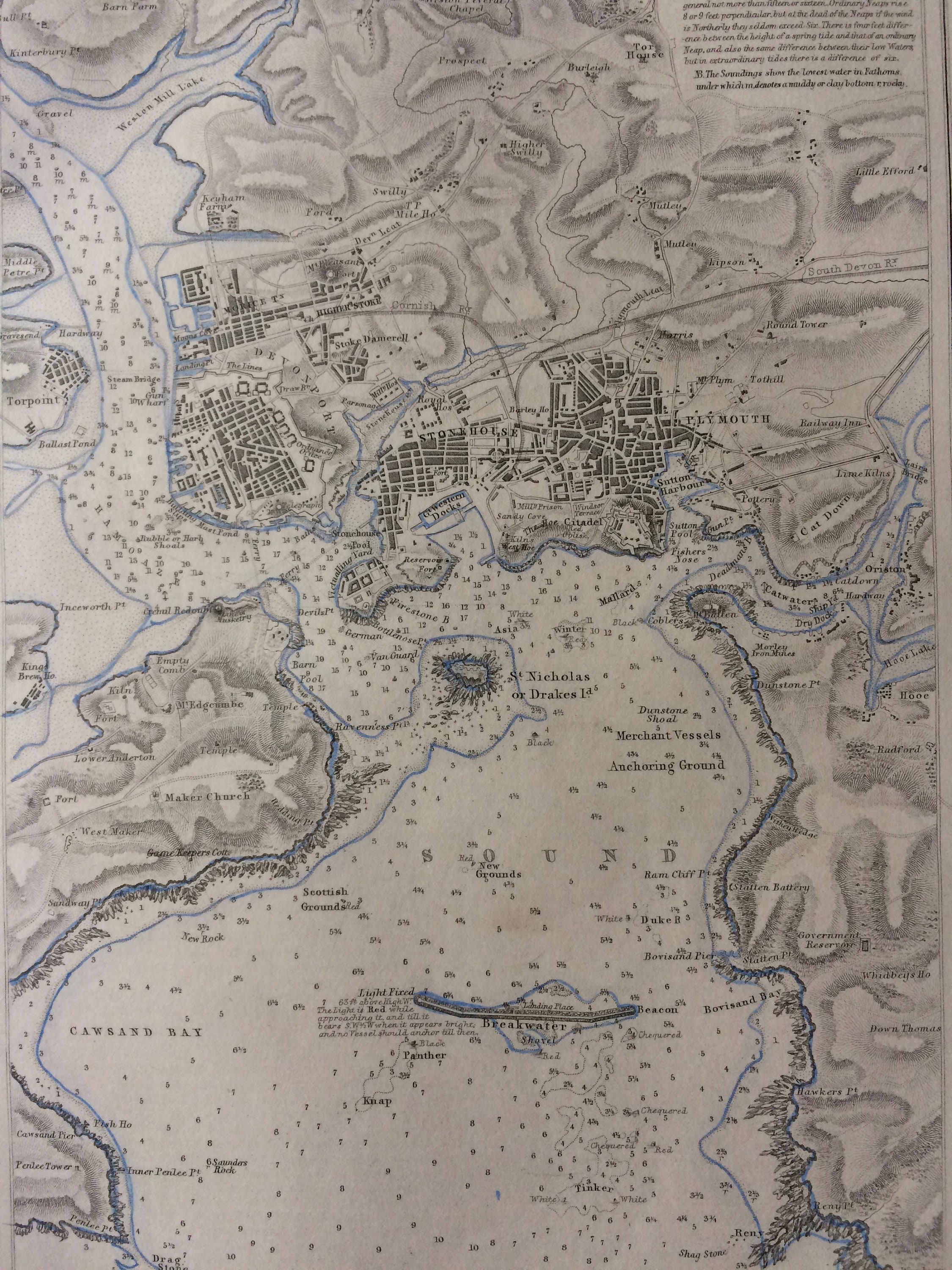 1871 Plymouth Sound Original Antique Map - Available Mounted and Matted ...