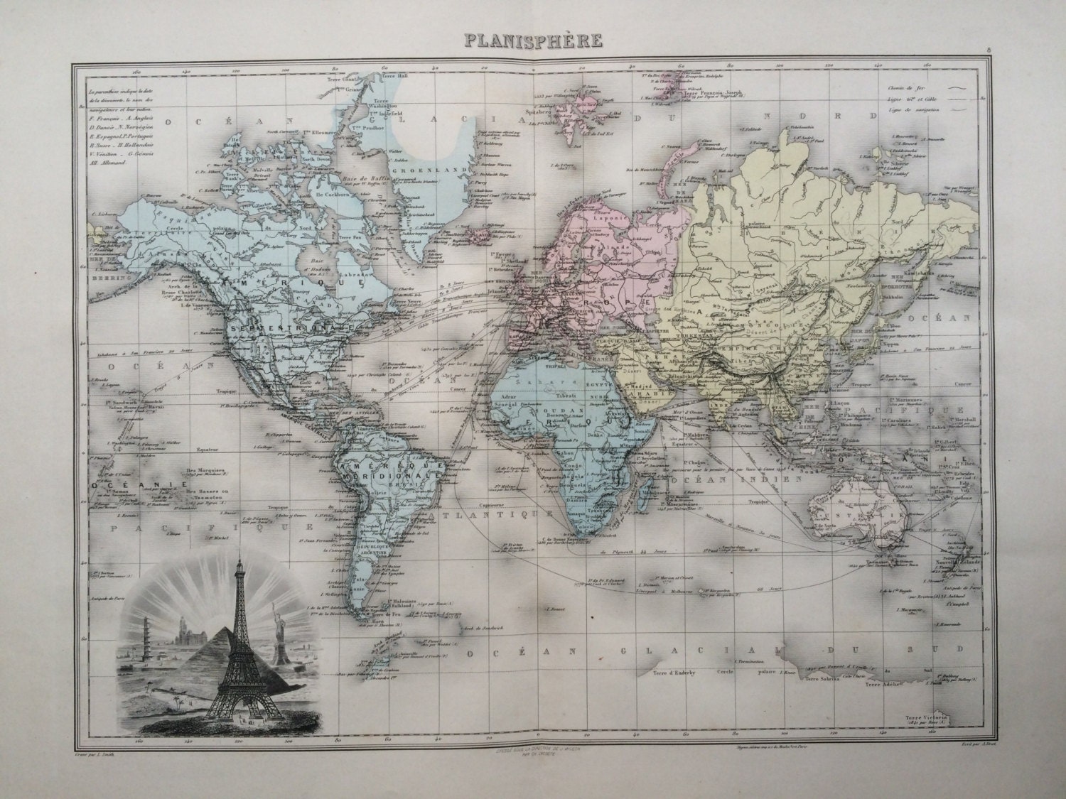 1892 PLANISPHERE original antique world map, Nouvel Atlas Illustre ...