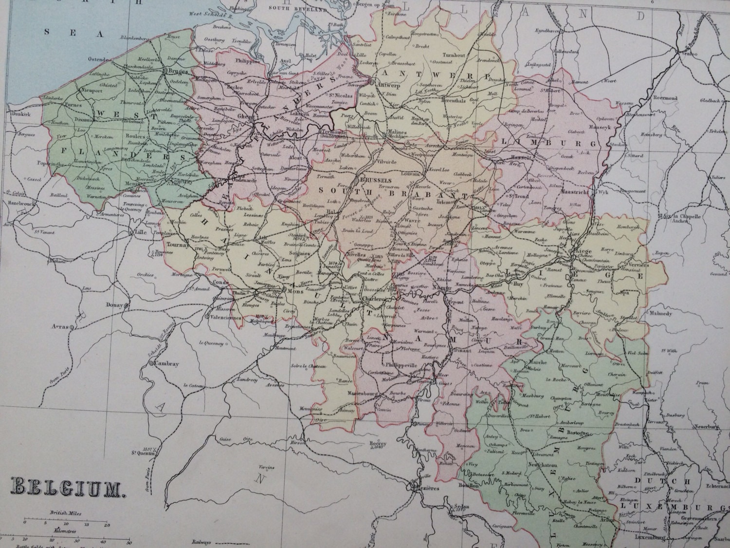 1873 BELGIUM Original Antique Map, 10.5 x 13.5 inches, historical map ...