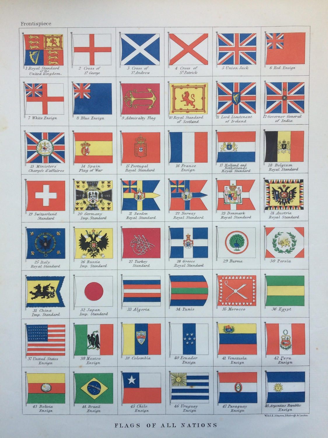 1899 Flags of All Nations Original Antique W & A.K Johnston print, Wall ...