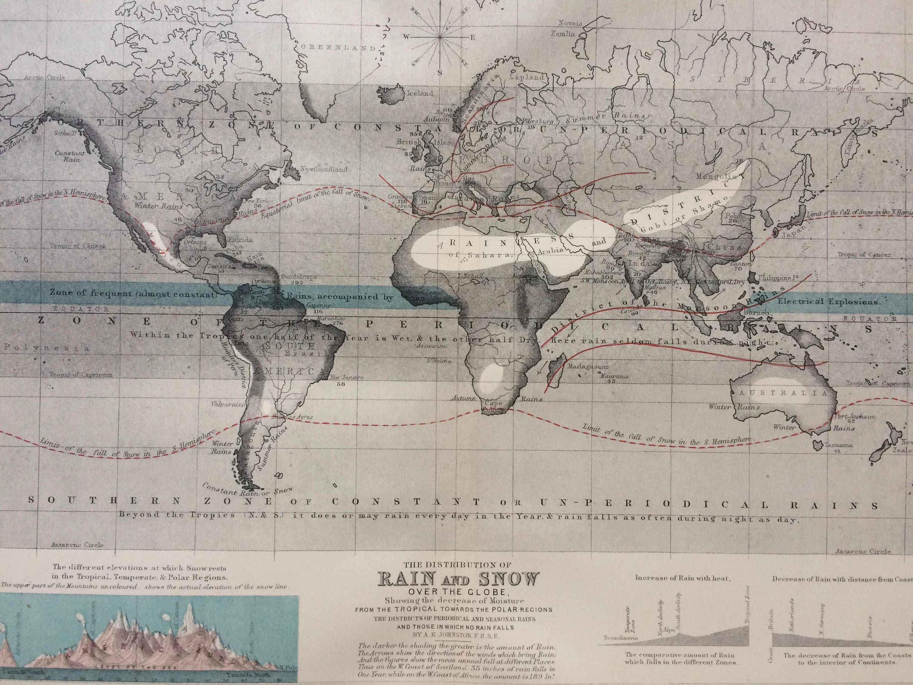 1873 Original Antique World Map showing the distribution of rain and ...