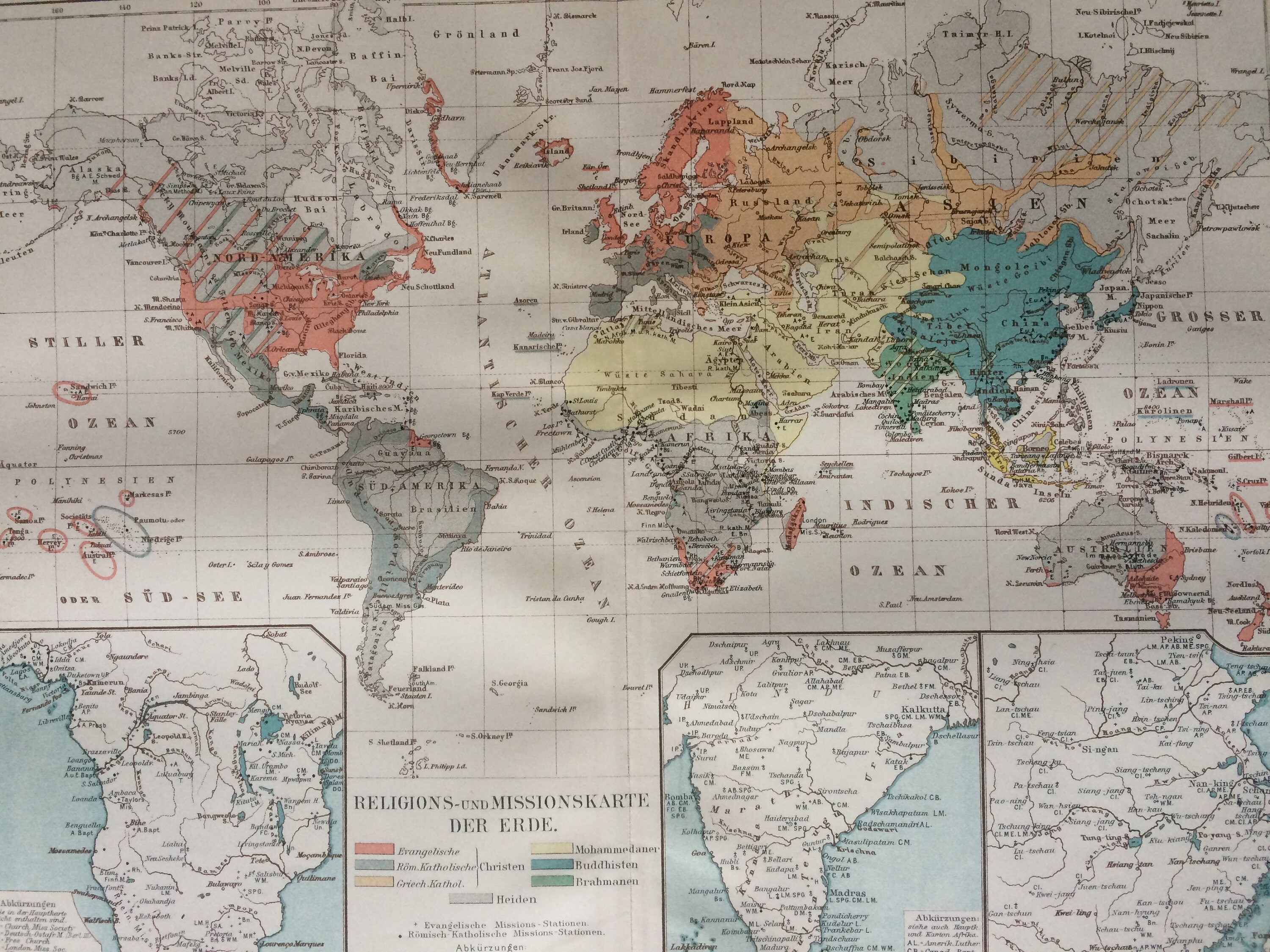 1896 Religions and Missions Original Antique World Map with inset maps ...