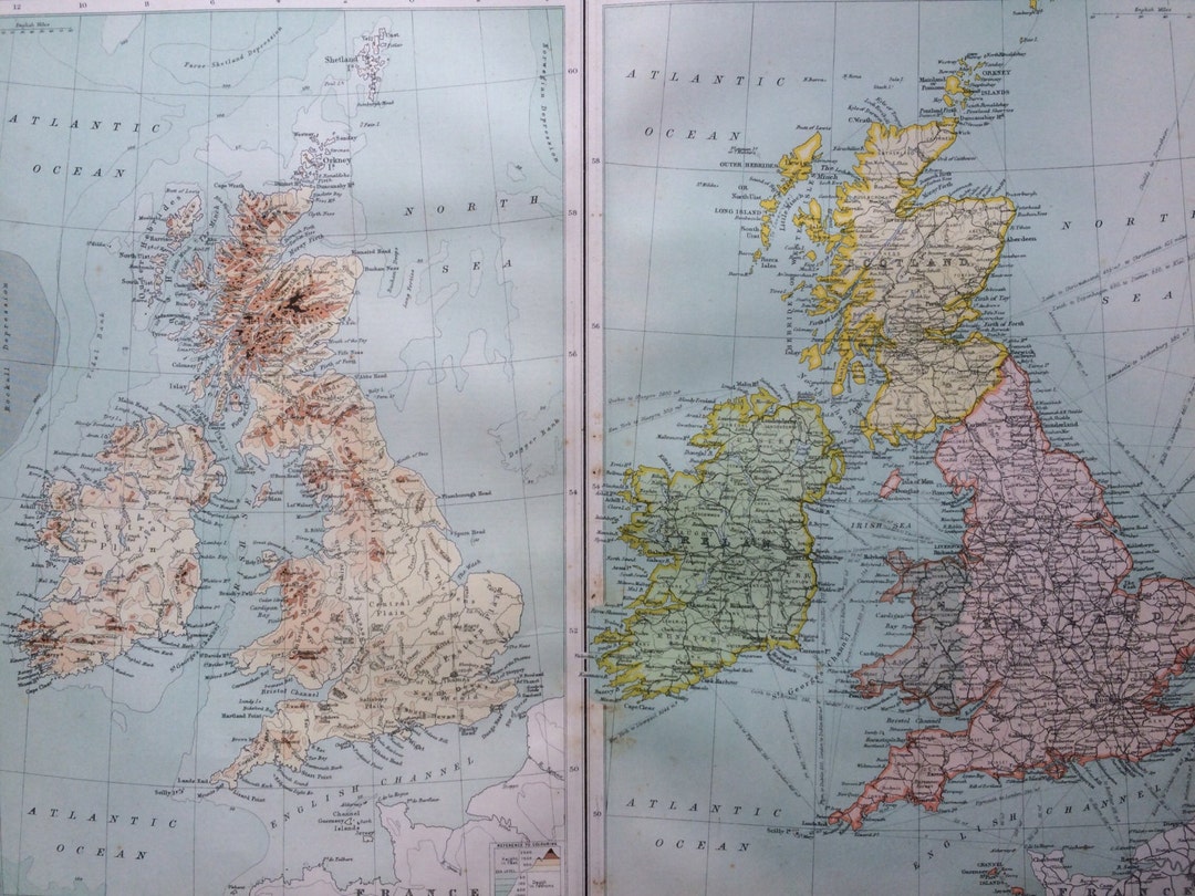 1898 BRITISH ISLES (political & Physical) Large Original Antique Map ...