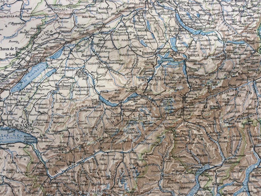 1897 Switzerland Original Antique Map - Available Framed - Cartography ...