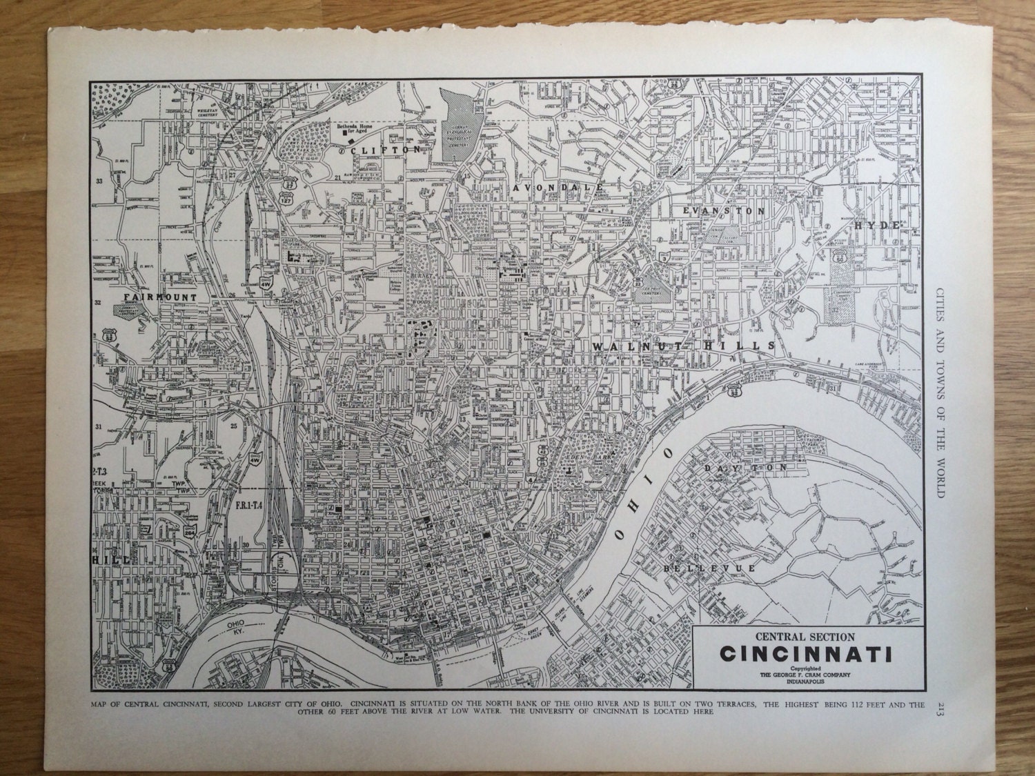 1937 CINCINNATI (Central) Original Vintage City Plan Map, 11 x 14 ...