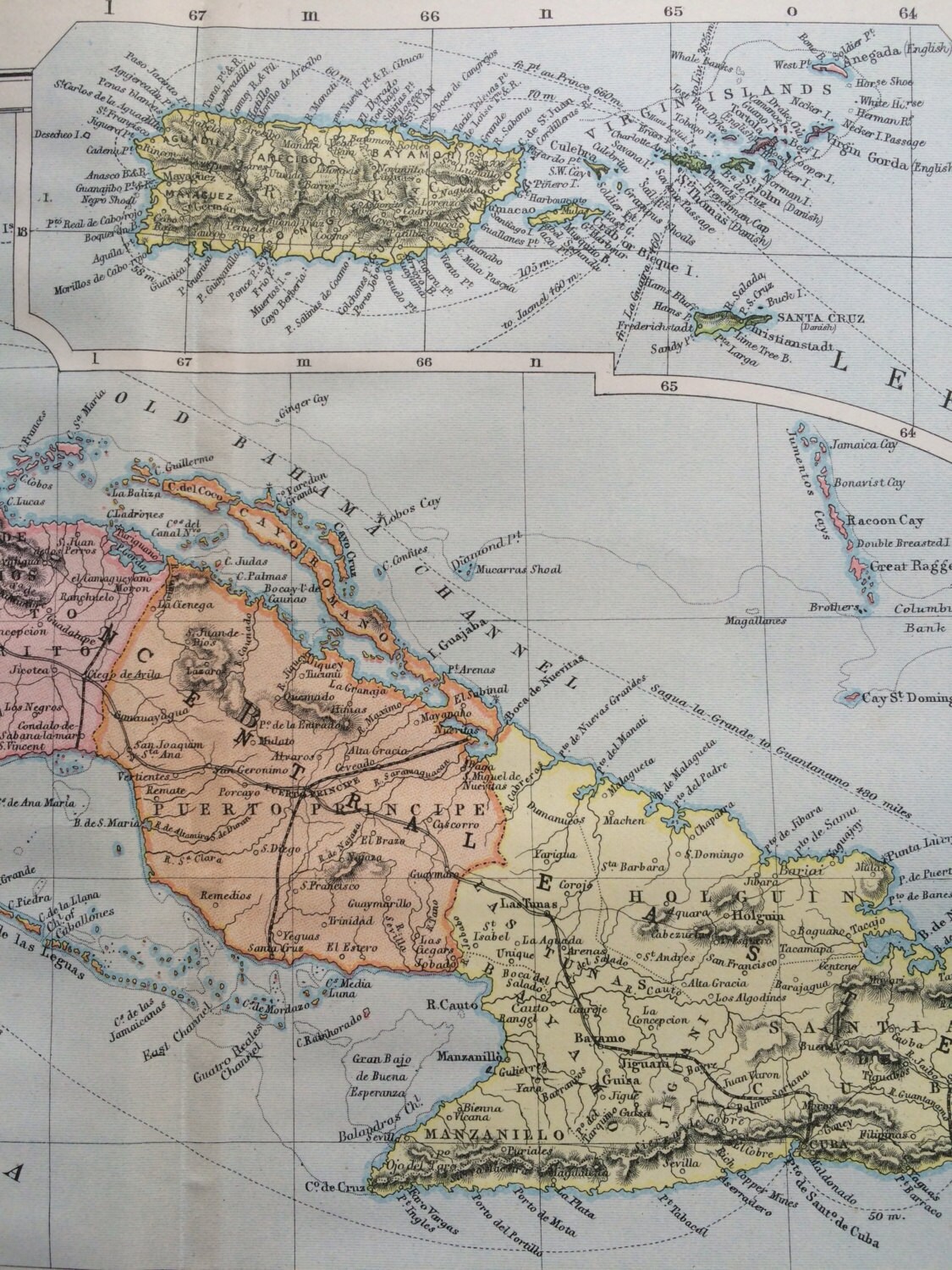 1898 CUBA & JAMAICA large original antique map, 21.5 x 13.5 inches ...