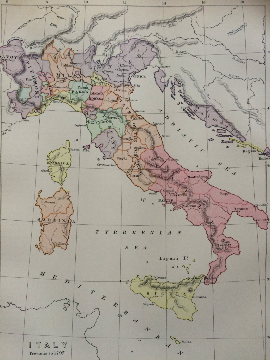 1875 Italy (before 1797) Original Antique Map - Available Matted and ...