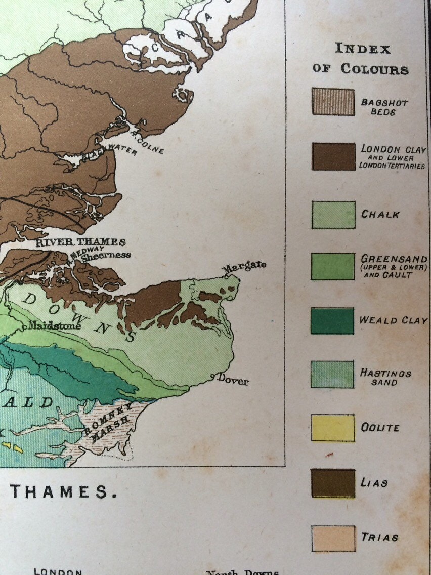 1878 Geology of Thames Basin original antique map, cartography ...