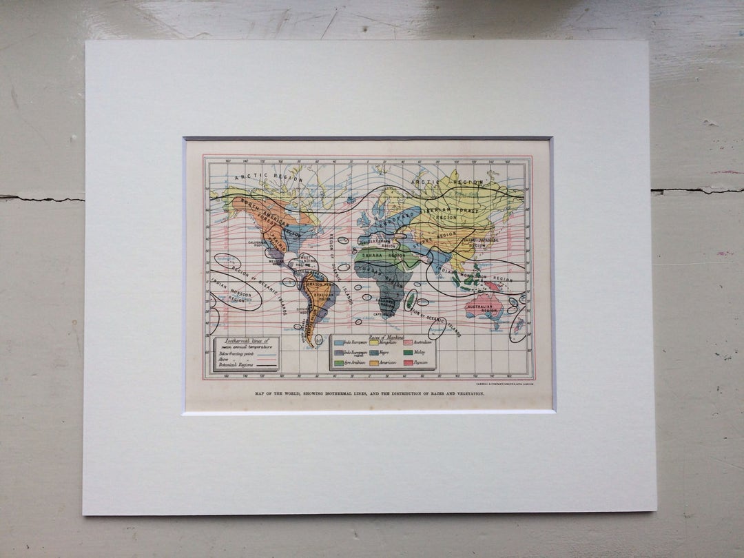 1880 Map of the World Showing Isothermal Lines and the Distribution of ...