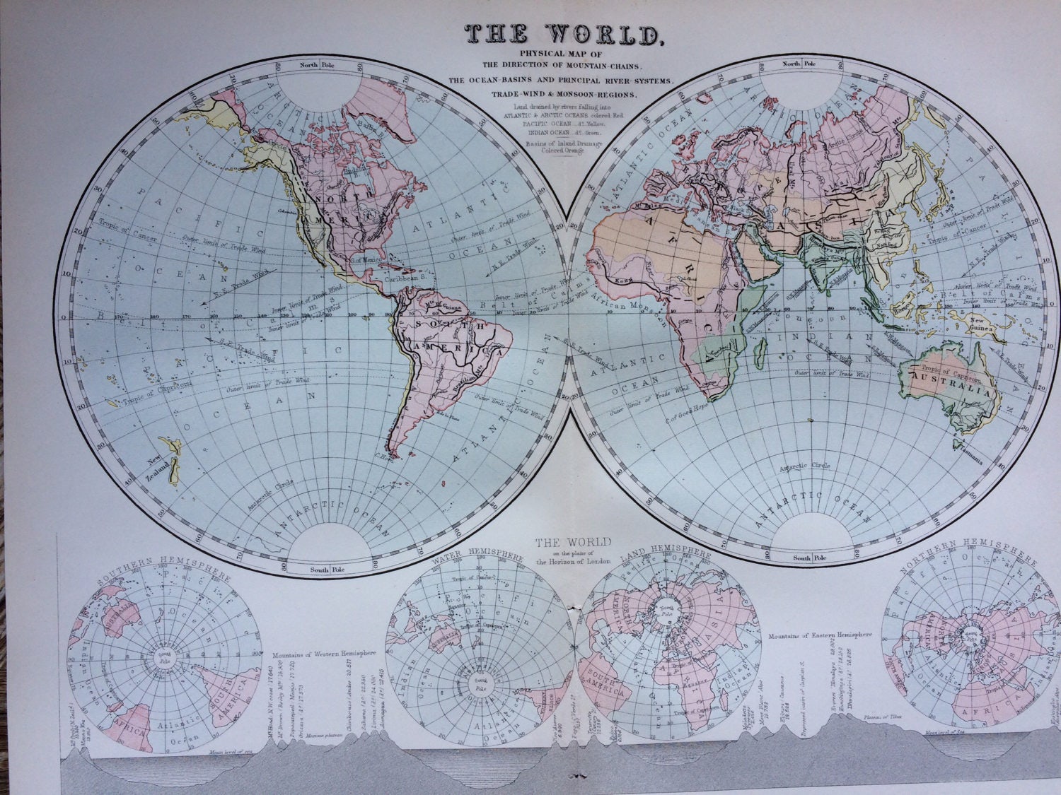 1891 Original Antique World Map Map of the World Physical Map 9 x 12 ...