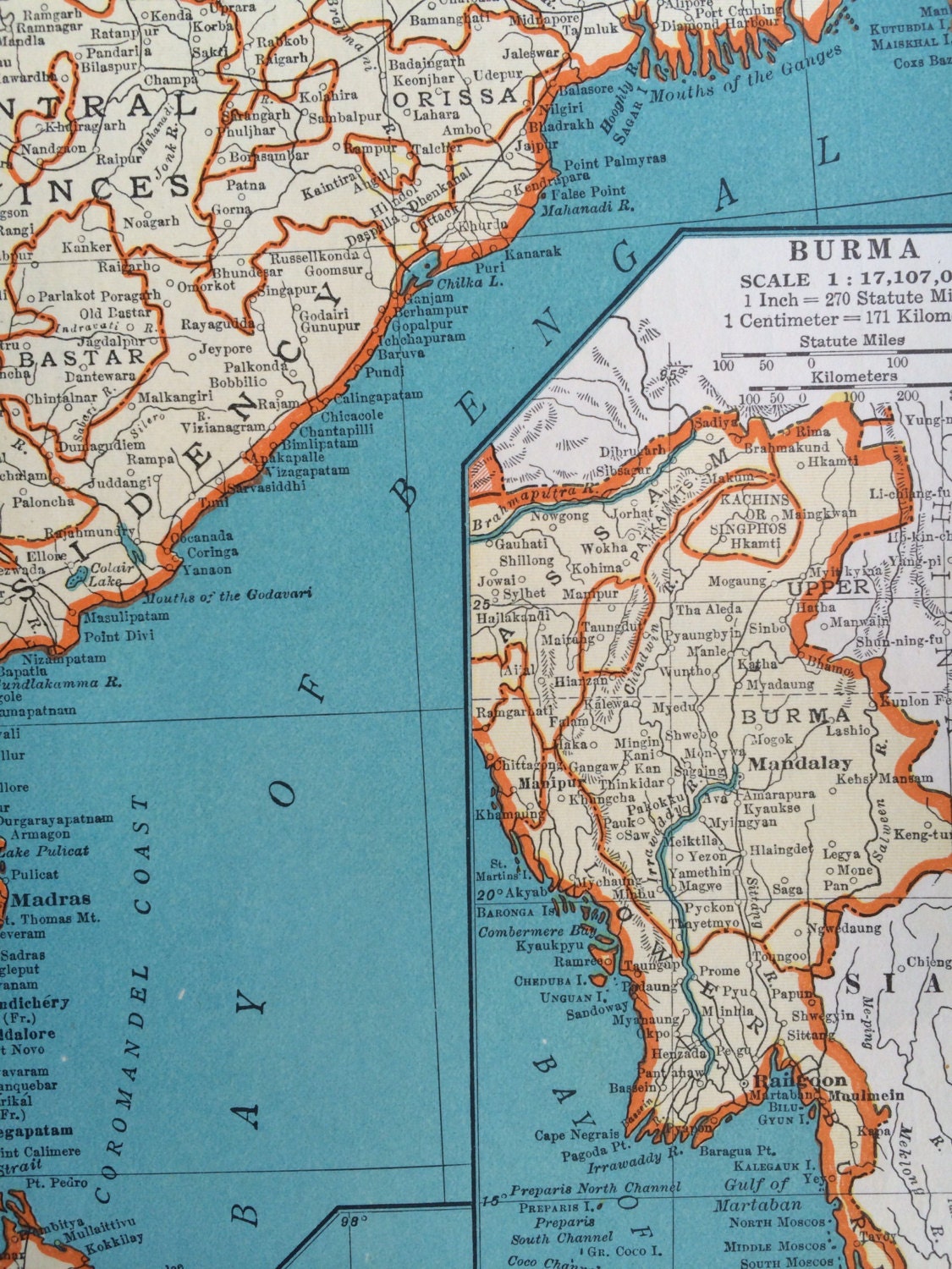 1937 INDIA Original Vintage Map, 11 x 14 inches, Rand McNally, Home ...