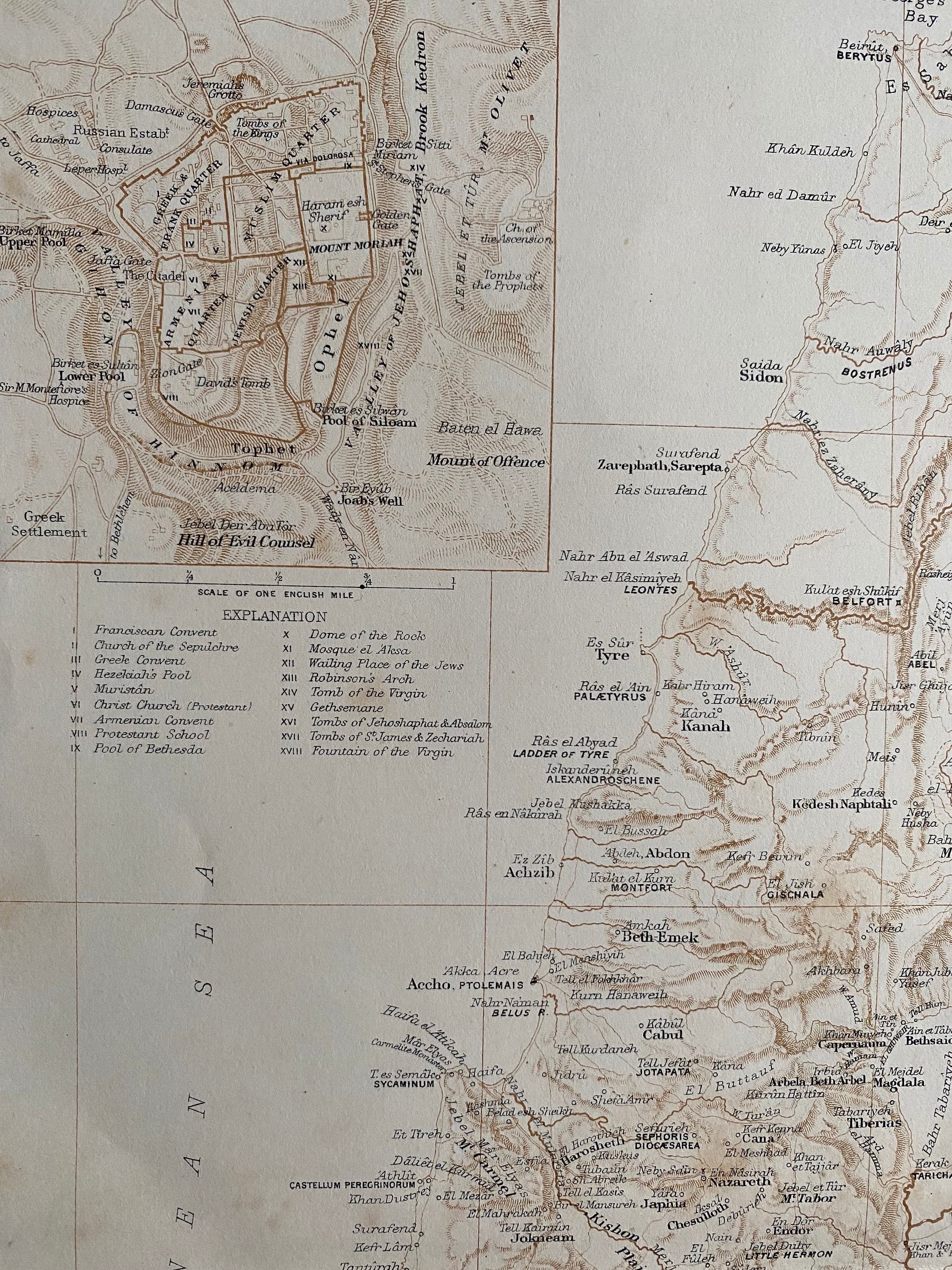 1880 Palestine Original Antique Map with inset map of Jerusalem - Holy ...