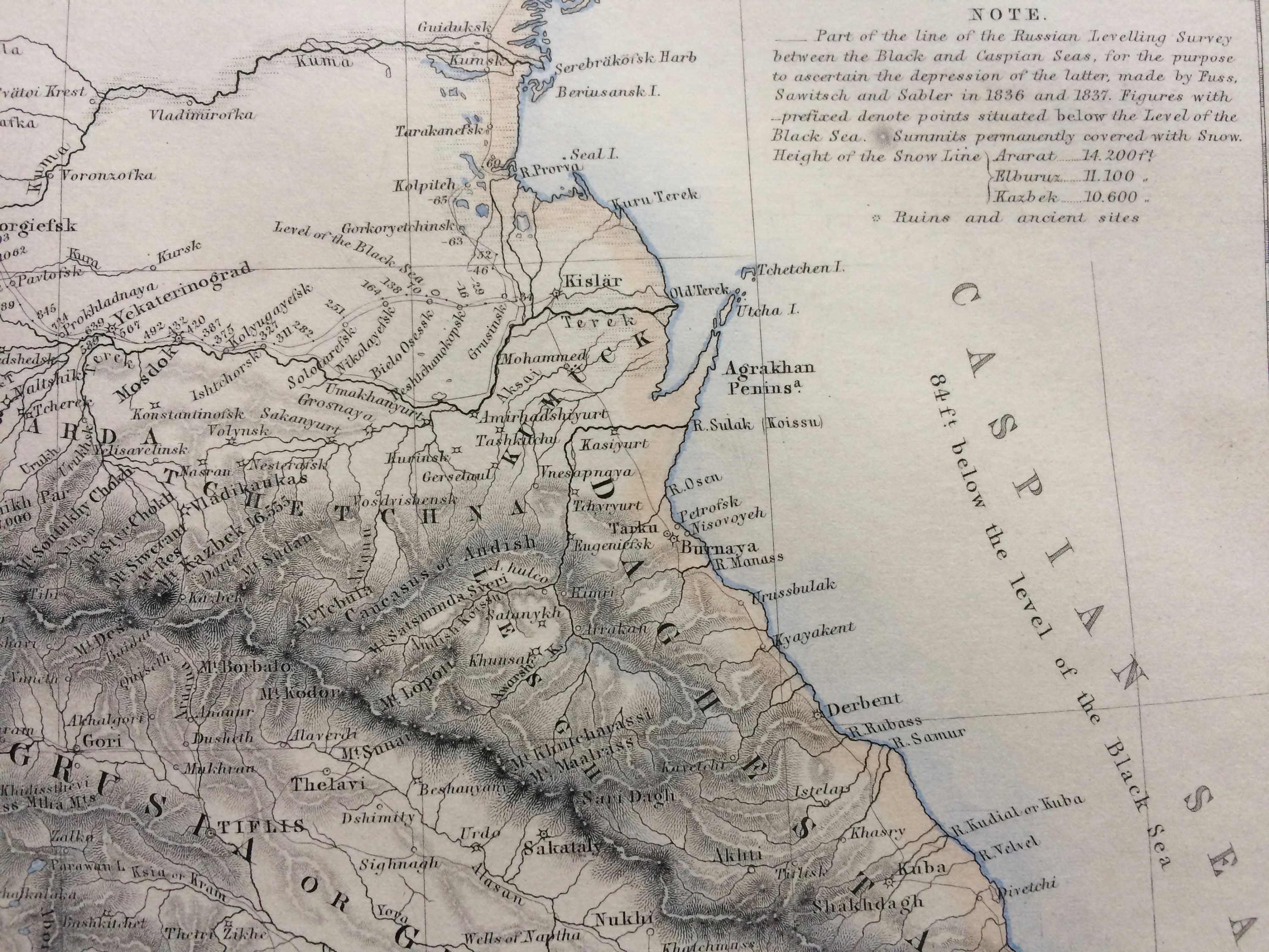 1871 The Caucasus Original Antique Map showing ruins and ancient sites ...