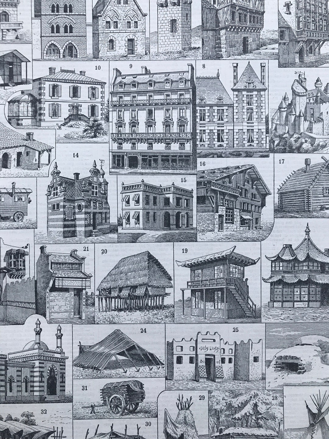 1897 Types of Habitation Original Antique Print - Civil Architecture ...