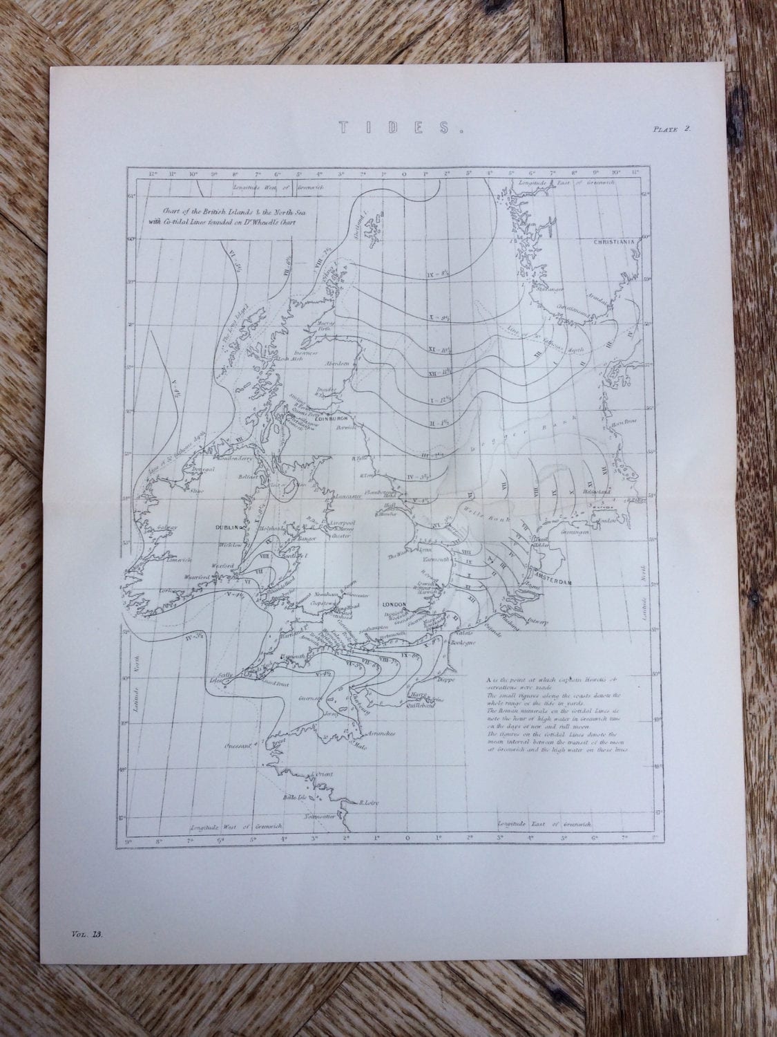 1891 Tidal Map of Britain and the North Sea Original Antique Map - 9 x ...
