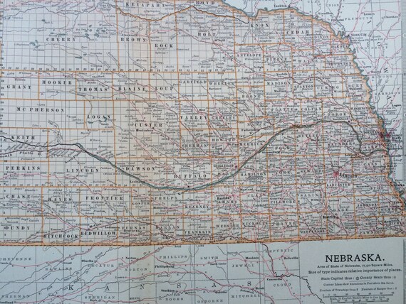 1903 NEBRASKA Original Large Antique Map Wall Map Home | Etsy