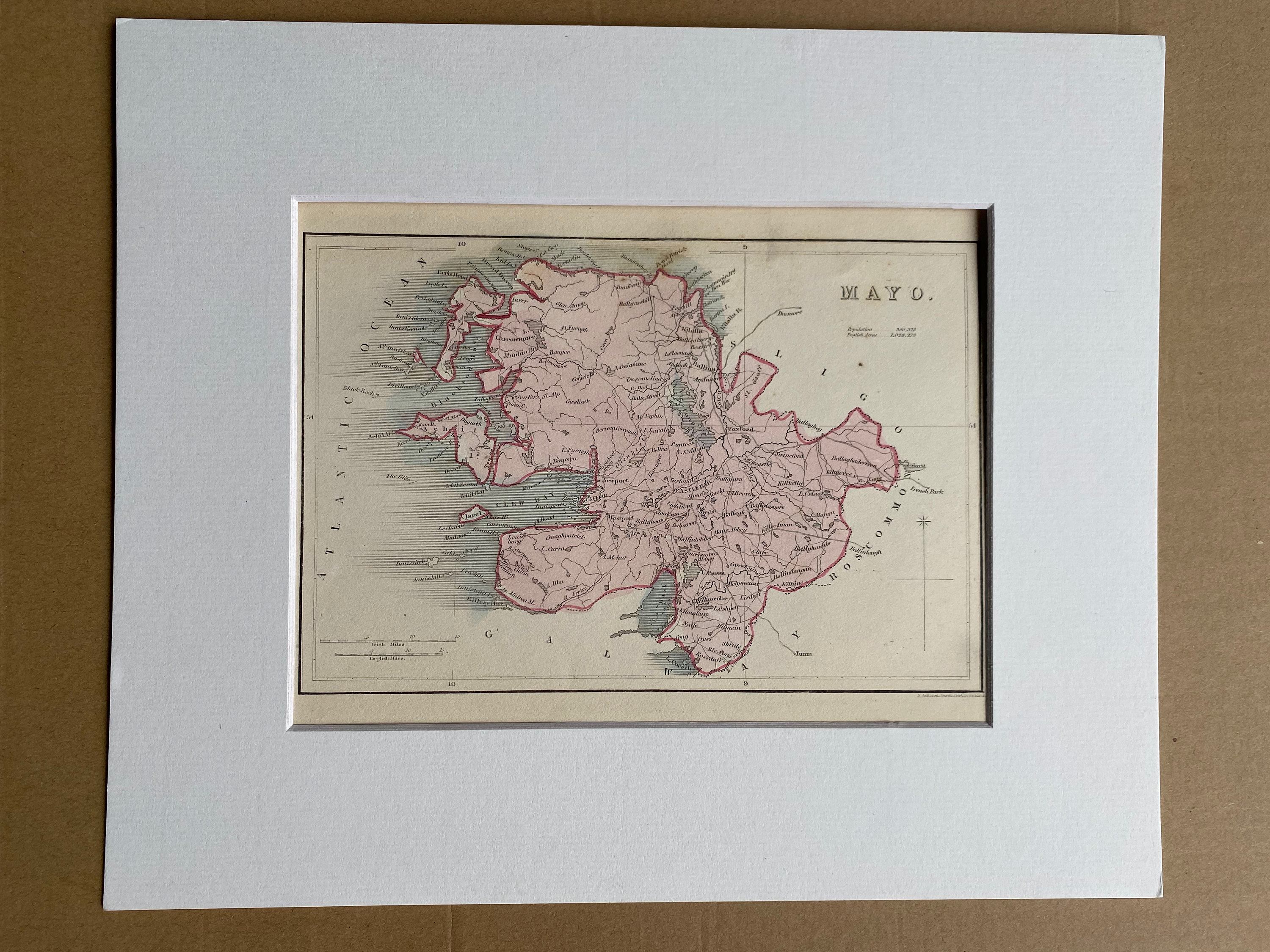 1840 Mayo Original Antique Map - County Map - Ireland - Mounted and ...