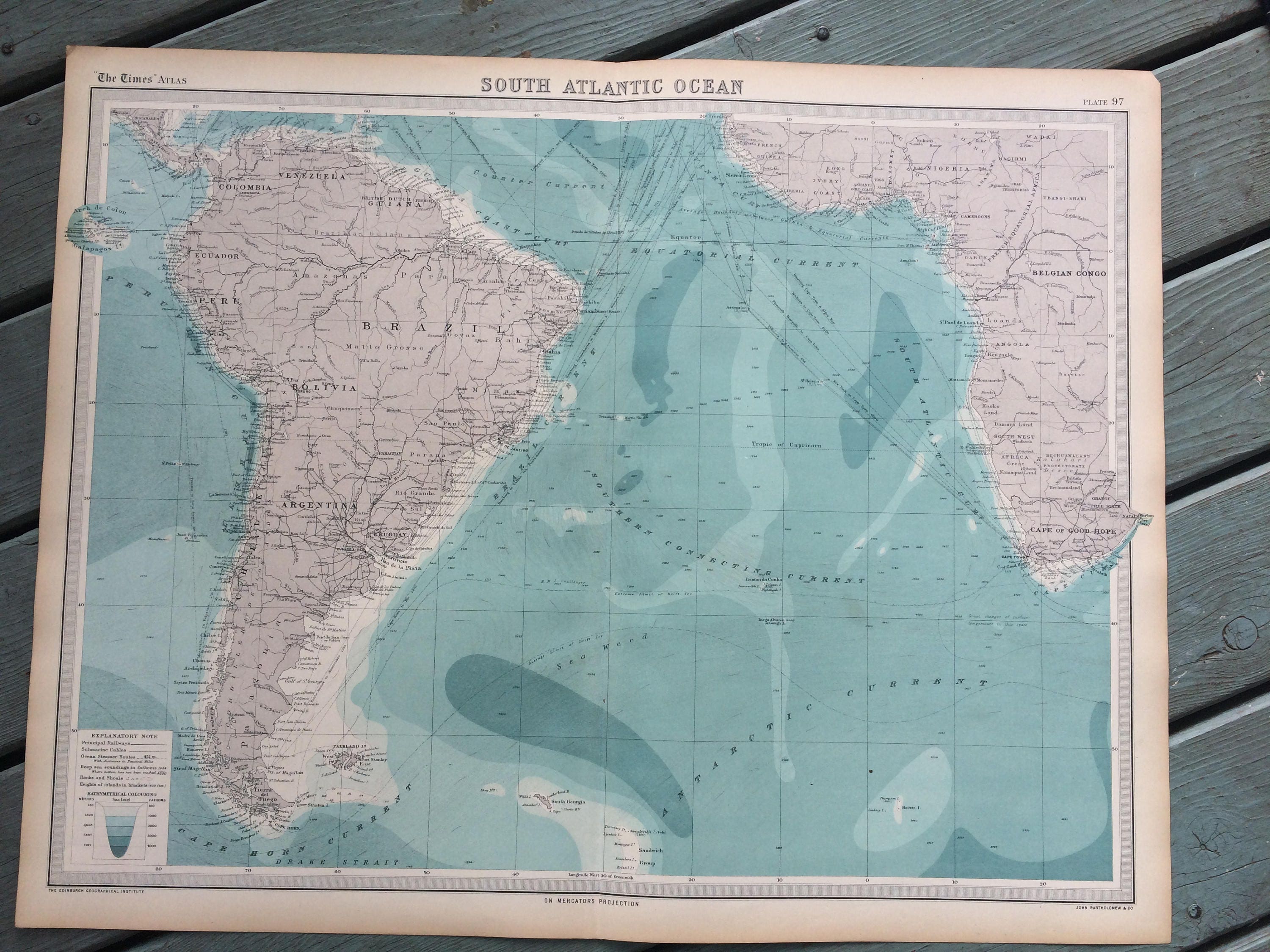 1922 ATLANTIC OCEAN (South) Large Original Antique Times Atlas Map on ...