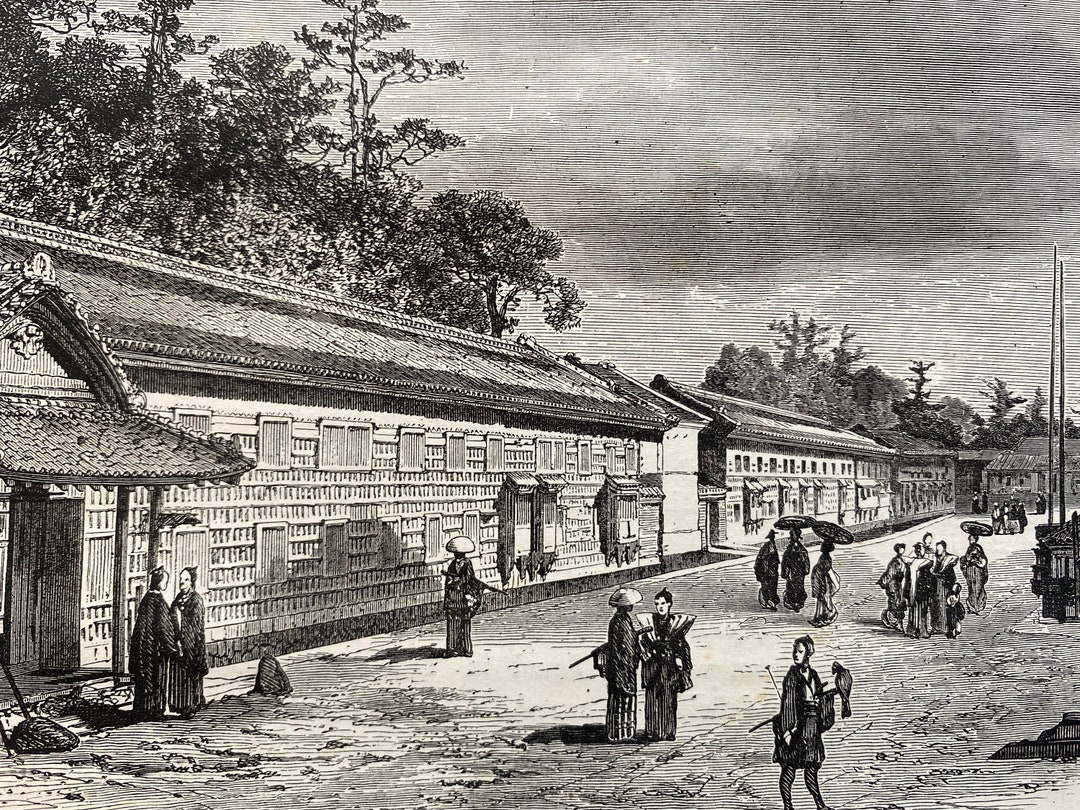 1880 A Street in Tokio Original Antique Print - Tokyo - Japan - Mounted ...