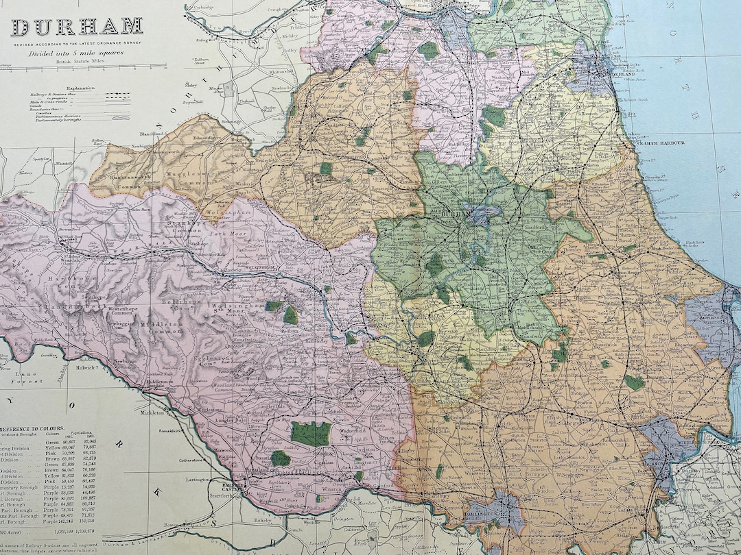 1902 Durham Original Antique Map Showing Railways, Stations, Crossroads ...