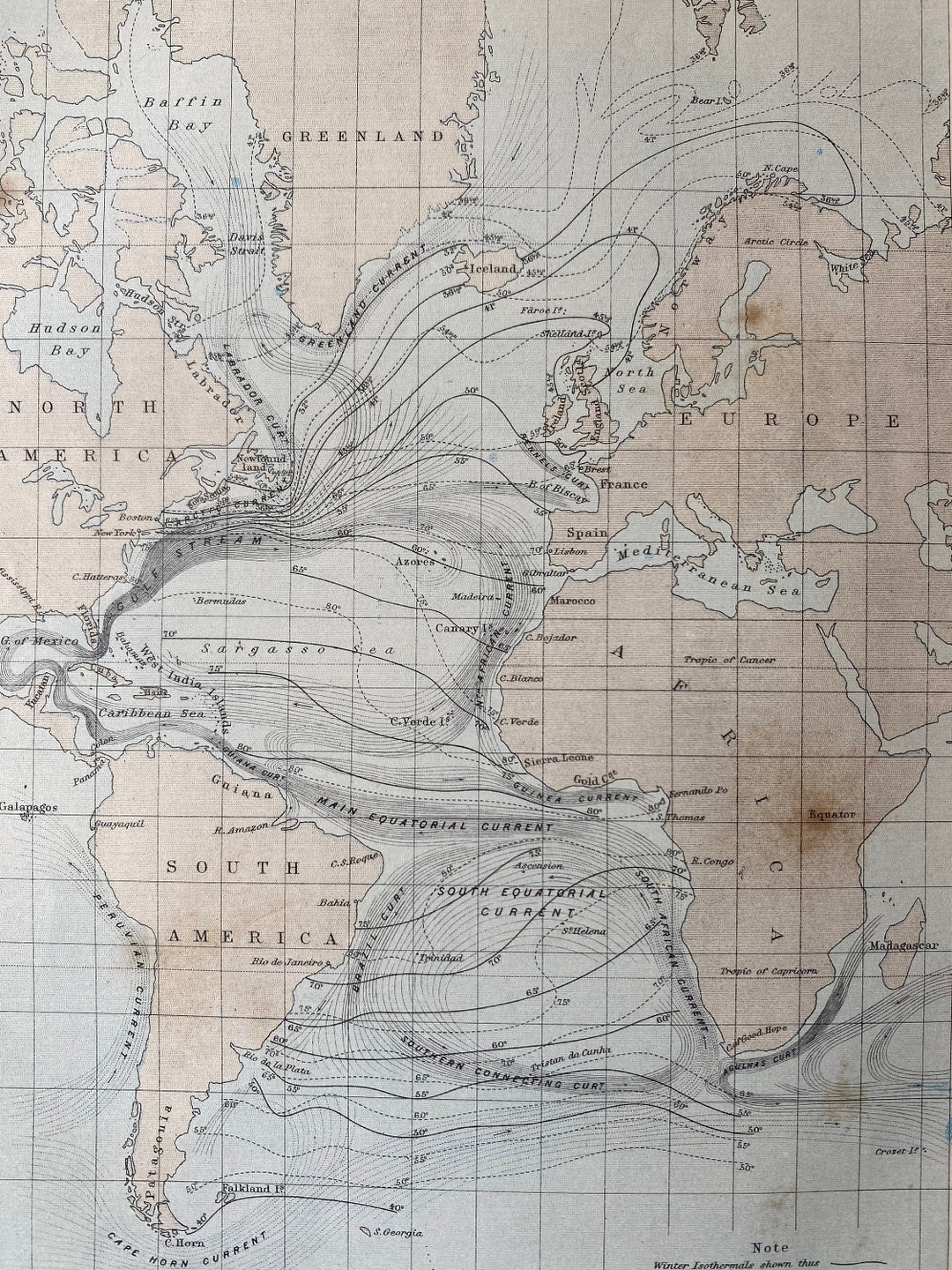 1875 Atlantic Ocean Original Antique Map Showing Isothermal Lines and ...