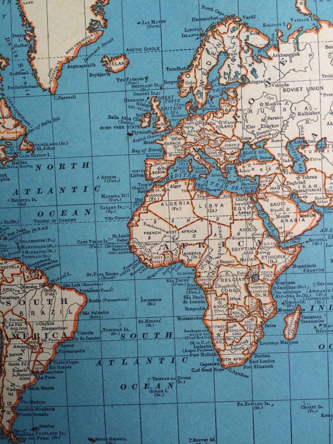 1937 Original Vintage World Map, on mercator's projection, 11 x 14 ...