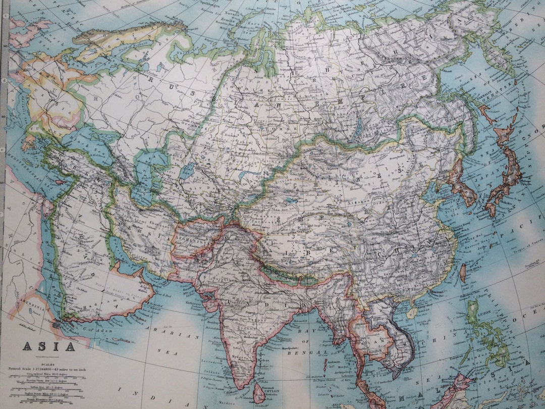 1907 ASIA Original Antique Map, Cartography, Historical Map, Wall Decor ...