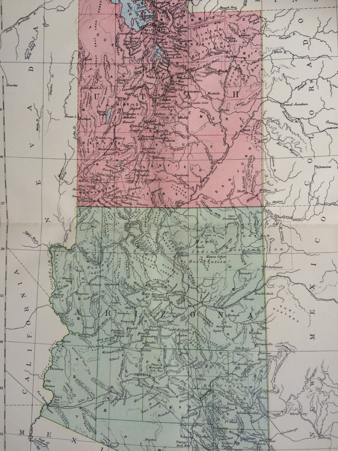 1875 UTAH & ARIZONA Large Original Antique Map, Cartography, Geography ...