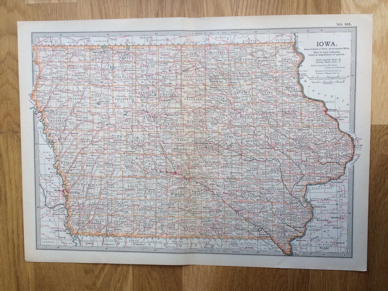1903 IOWA Original Large Antique Map - Wall Map - Home Decor ...