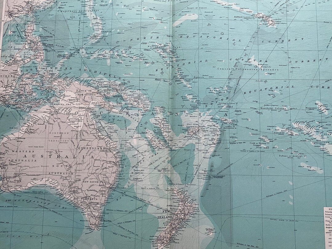 1922 PACIFIC OCEAN (south) Large Original Antique Times Atlas Map on ...