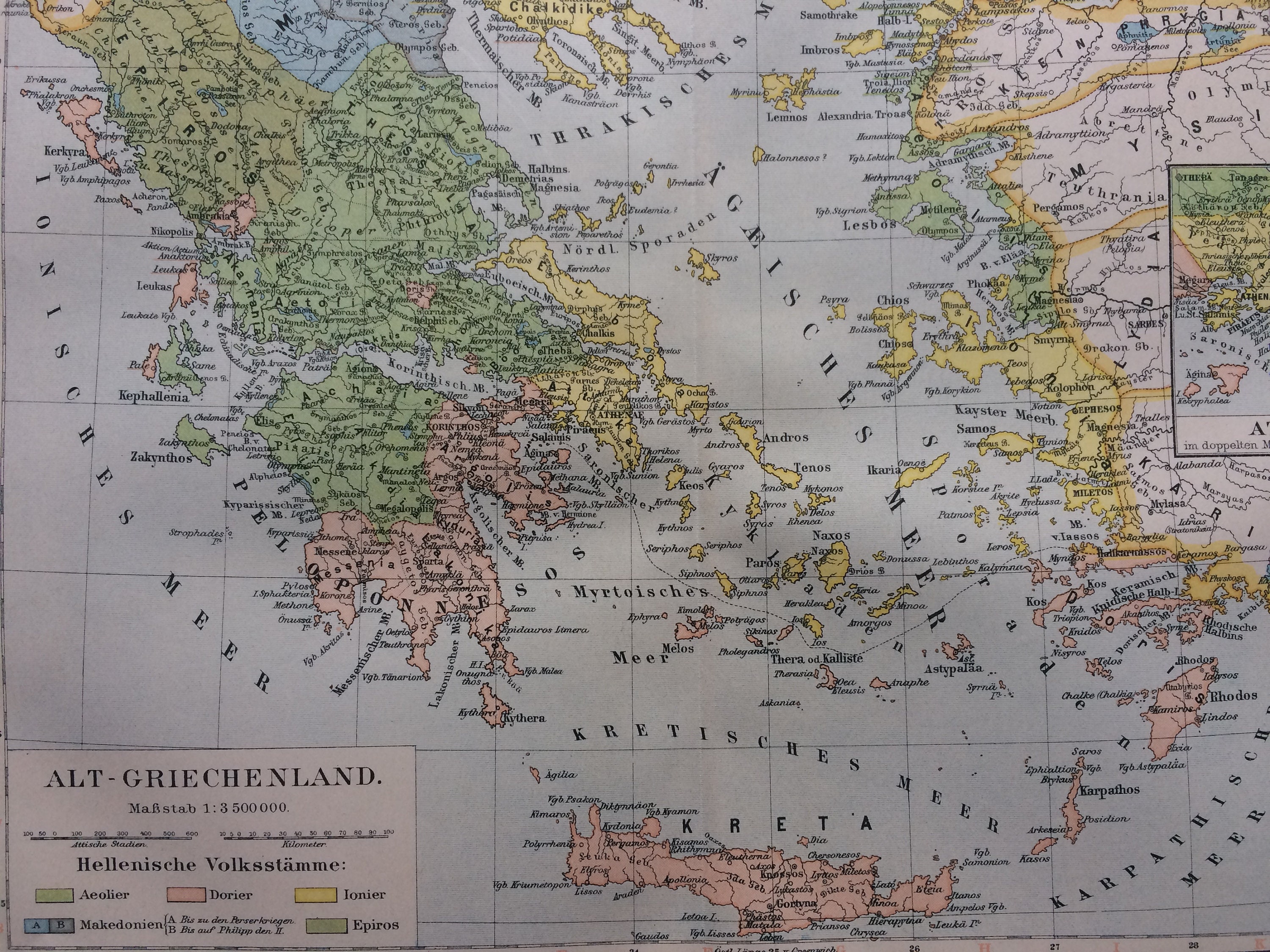 1895 Ancient Greece Original Antique Map with inset map of Attica ...