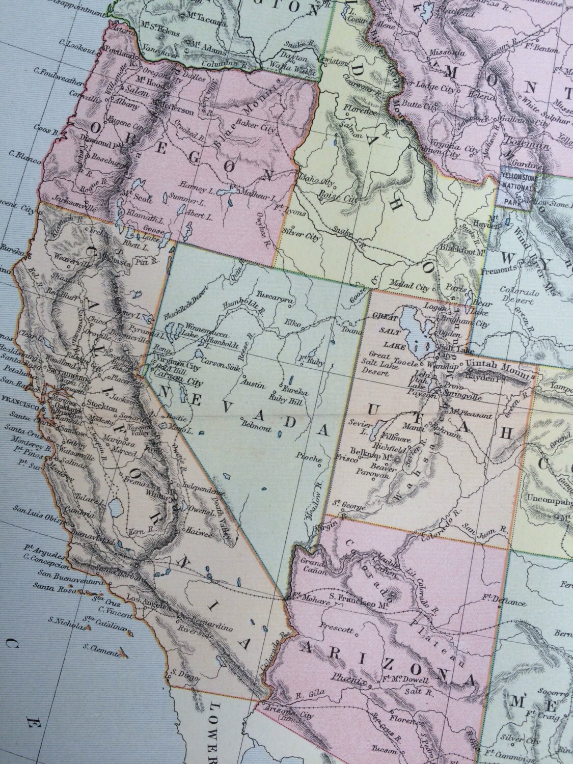 1892 UNITED STATES (West) Original Antique Map, 10.5 x 12.5 inches ...