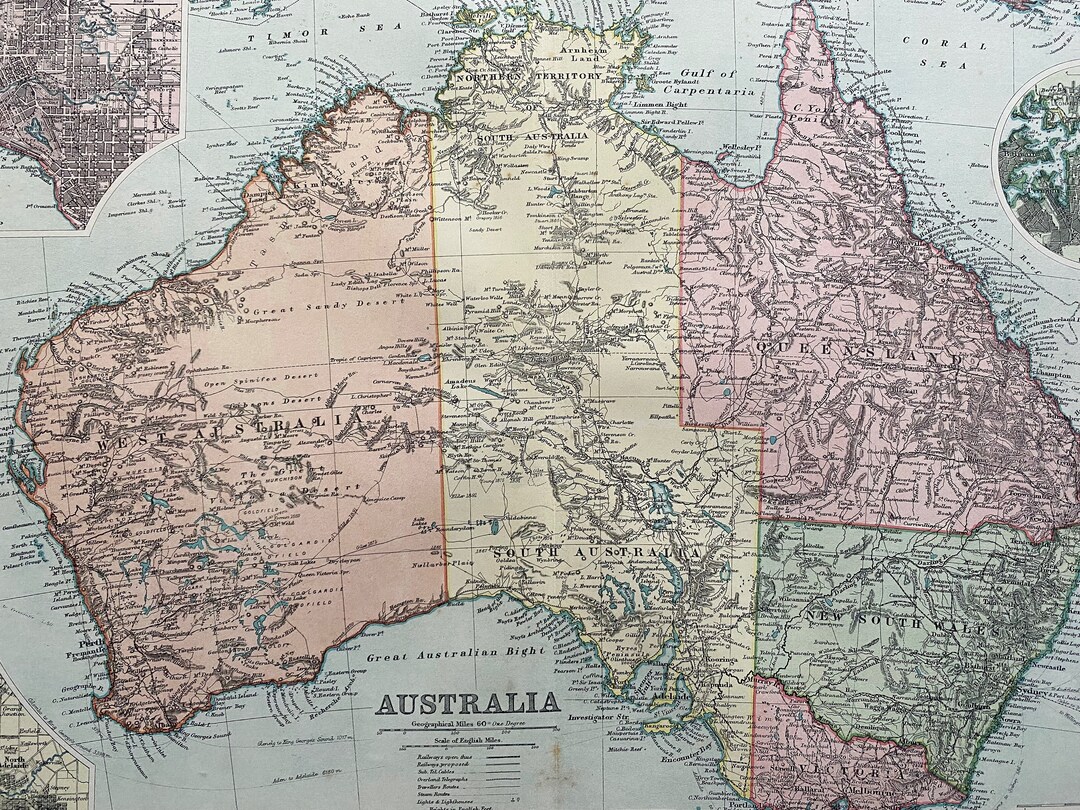 1898 Australia Original Antique Map - Large Wall Map With Inset Maps of ...