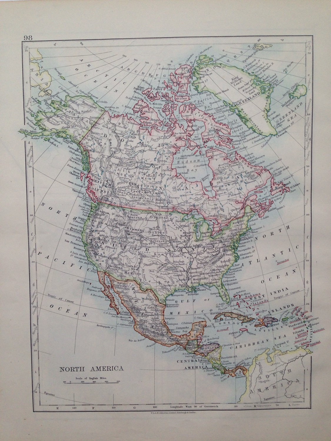 1906 NORTH AMERICA original antique map, historical, double-sided, city ...