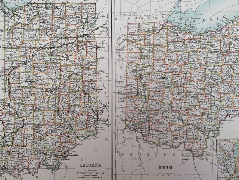1898 Indiana and Ohio Large Original Antique A & C Black Map - Etsy UK
