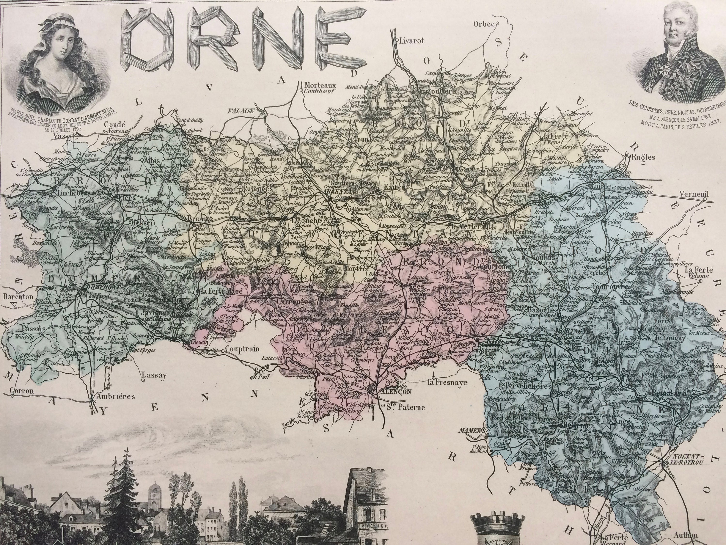 1890 Orne Original Antique Map - Department of France - Inset Steel ...