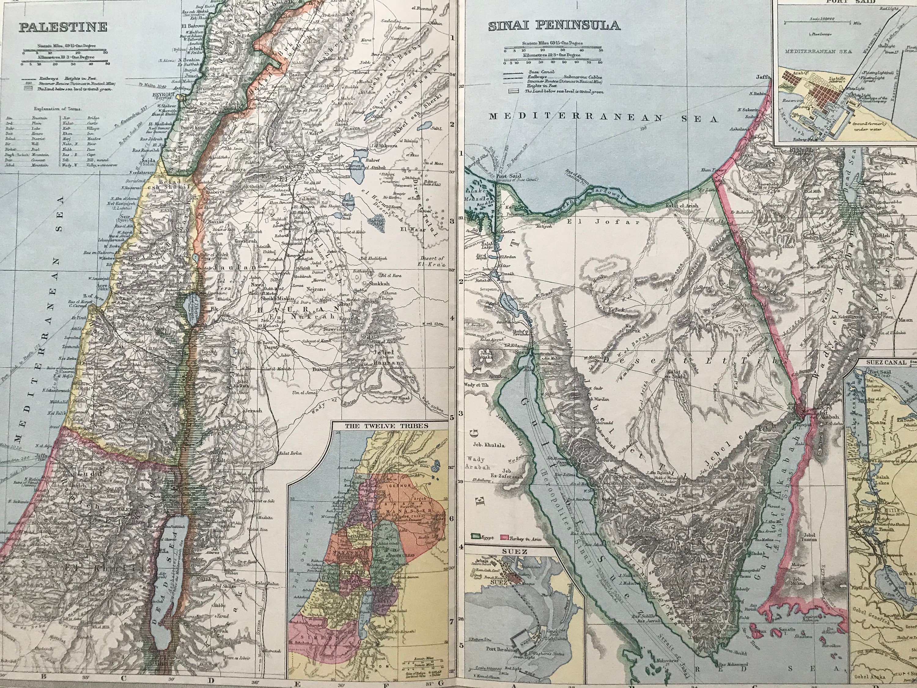 1903 Modern Palestine The Suez Canal And Sinai Peninsula Original Antique Map With Inset Maps