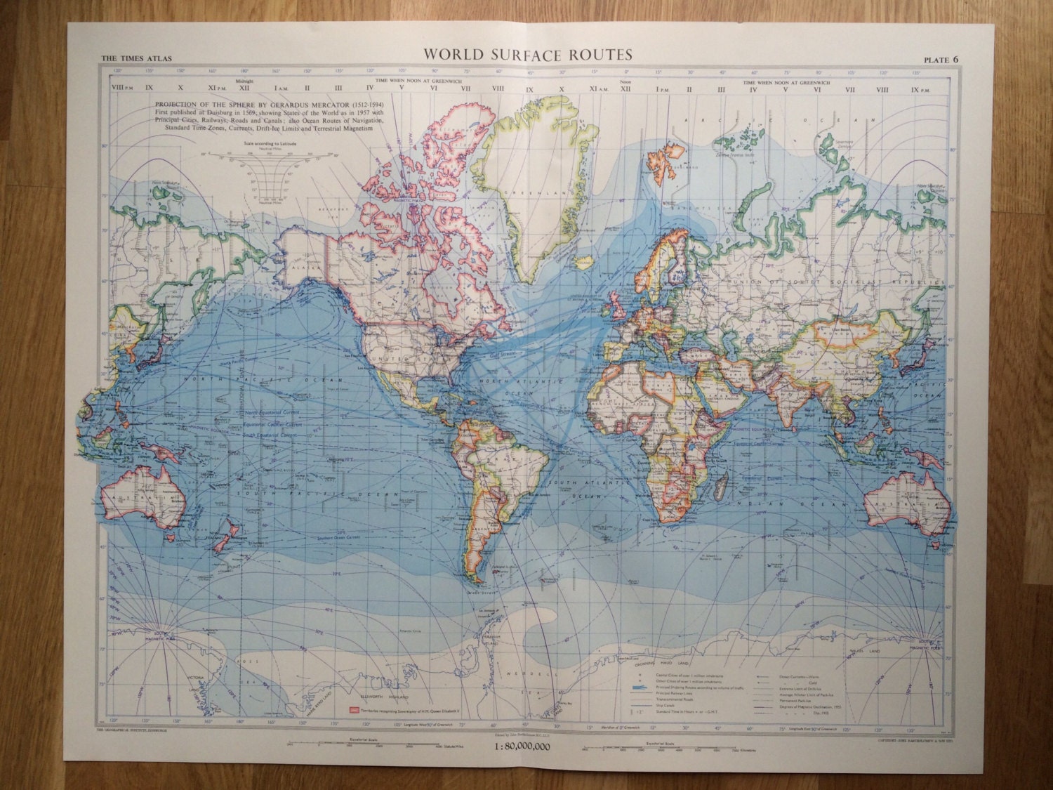 1958 Extra Large Original Vintage World Map depicting World Surface ...