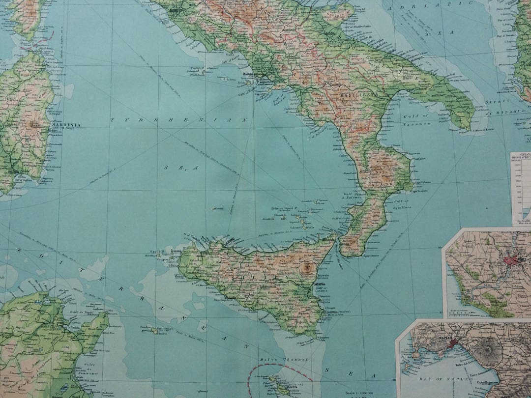 1922 Southern Italy Large Original Antique Times Atlas Physical Map ...