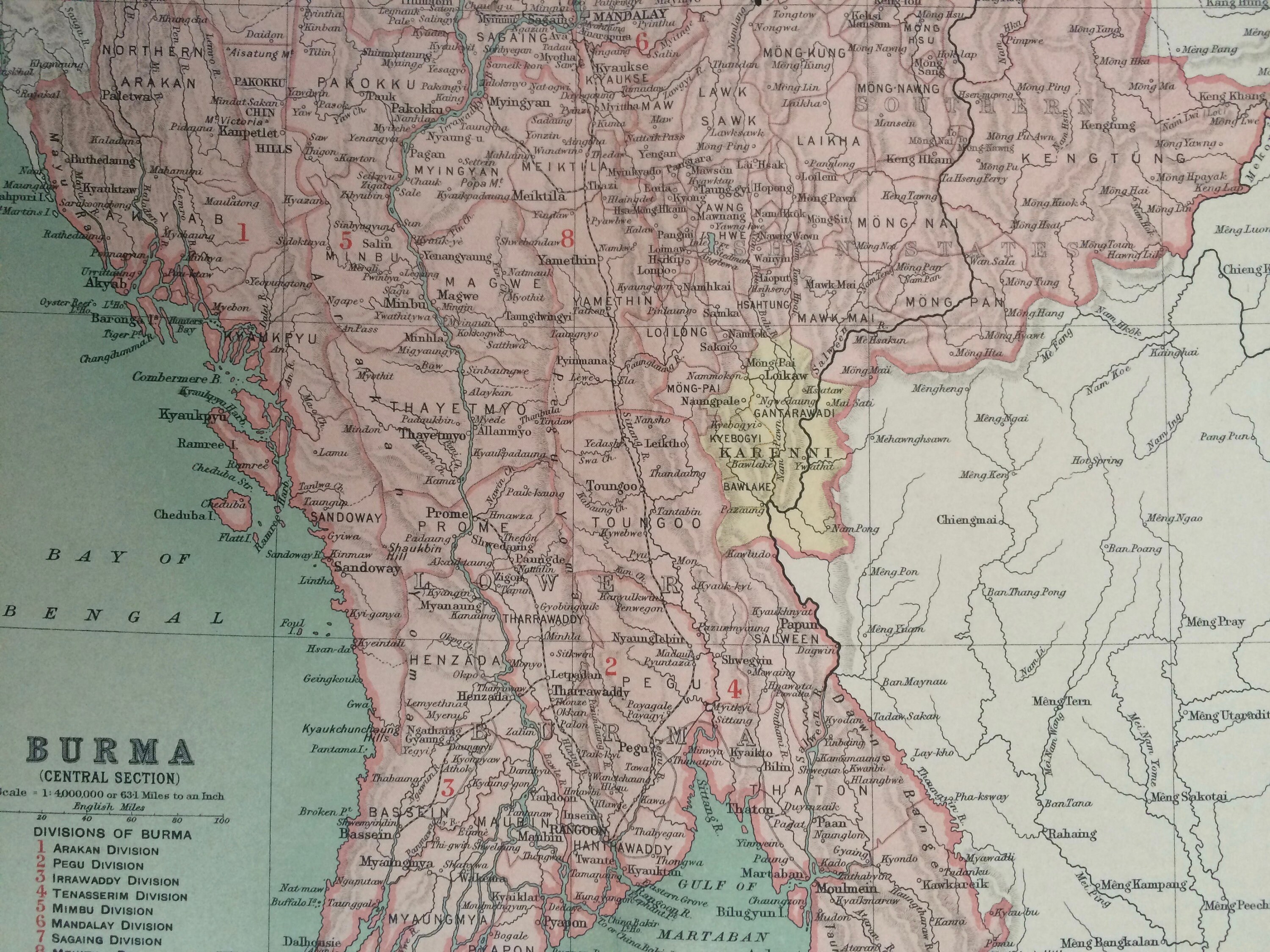 1908 Burma (Central Section) Original Antique Map showing Native States ...
