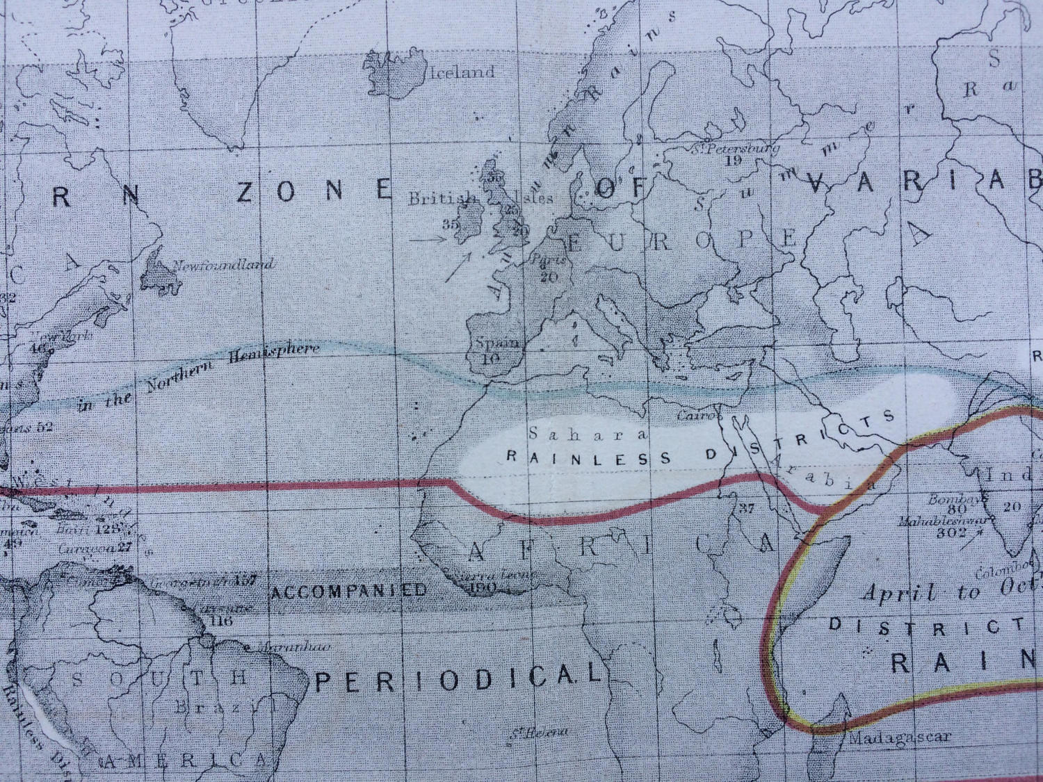 1871 Original Antique World Map showing the distribution of Rain and ...