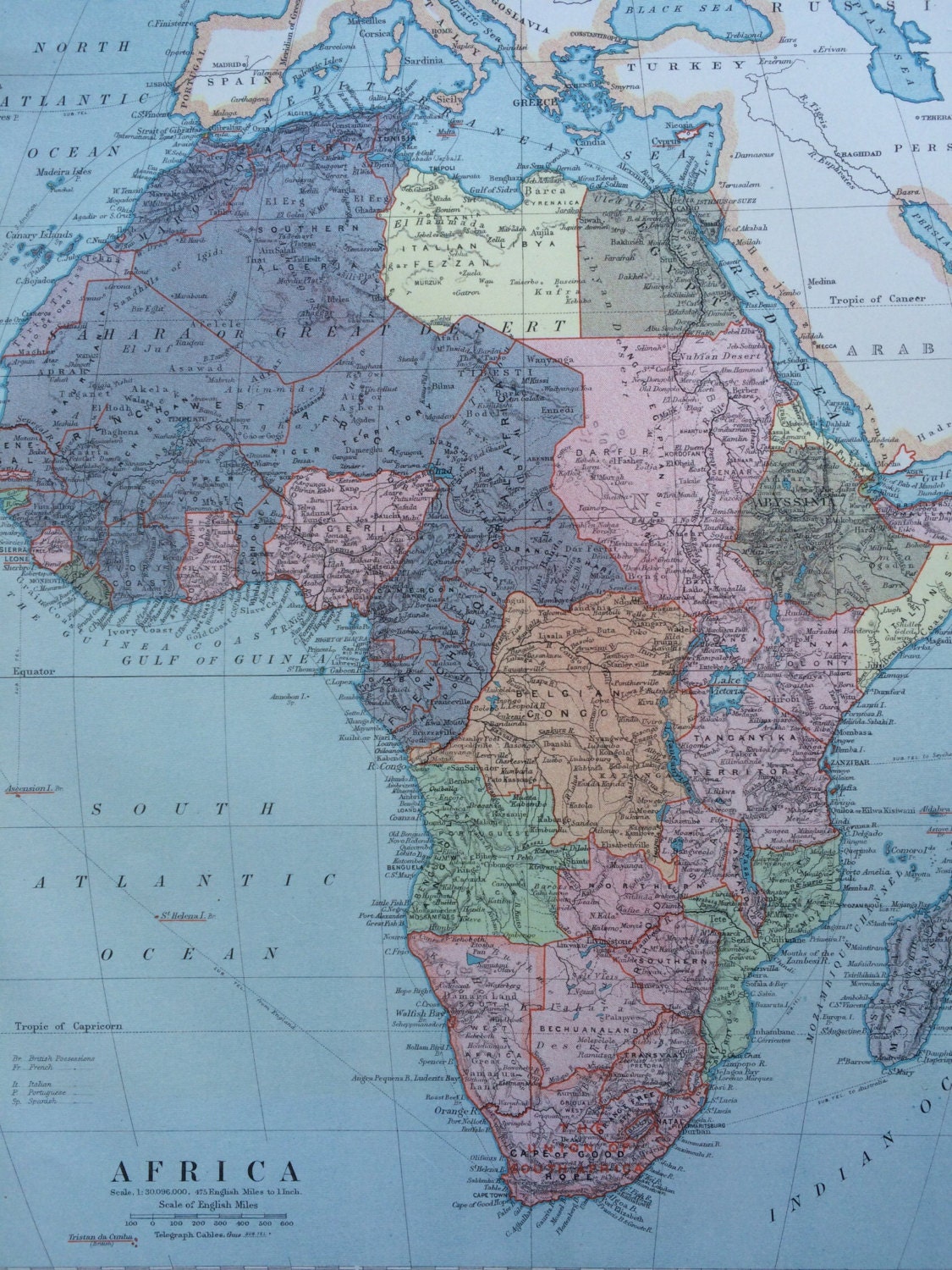 1920 AFRICA Original Vintage Map, 12 x 14.5 inches, historical wall ...
