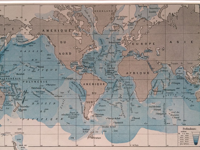 1923 Ocean Depths Original Antique World Map - Mounted and Matted ...
